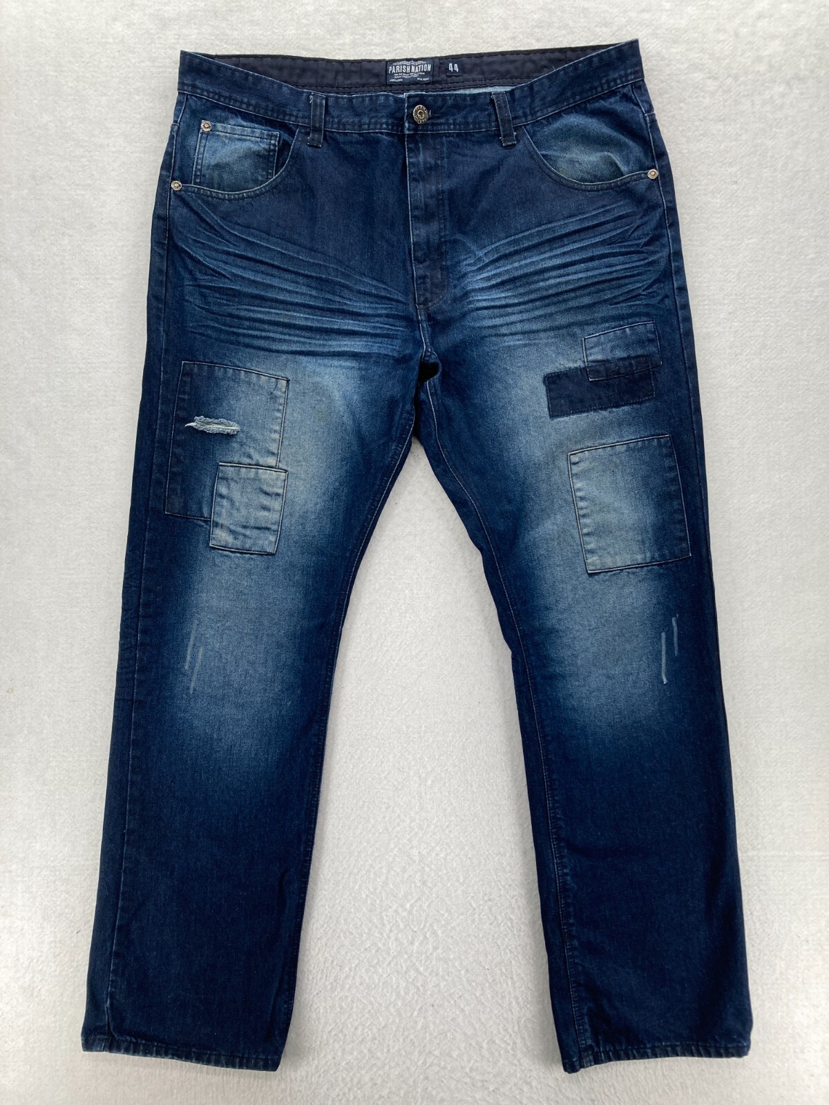 Parish Nation Jeans Mens 44x34 Dark Wash Blue Distressed Denim Patches ...