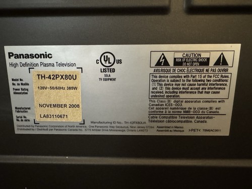 PANASONIC Plasma Tv TH-42PX80U Sustain Board TNPA4659 1 TESTED Working ...
