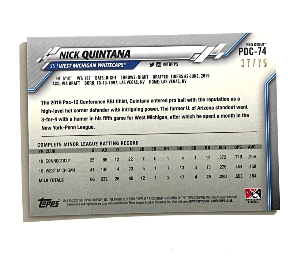 2020 TOPPS CHROME PRO DEBUT NICK QUINTANA #/75 GOLD REFRACTOR ...