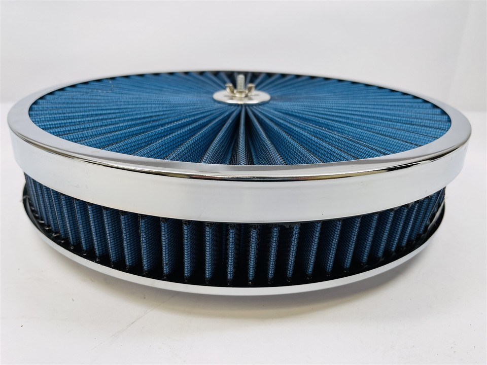 14"x2" Chrome Blue Flow Thru Washable Air Cleaner SBC BBC Hot Rod Drop ...