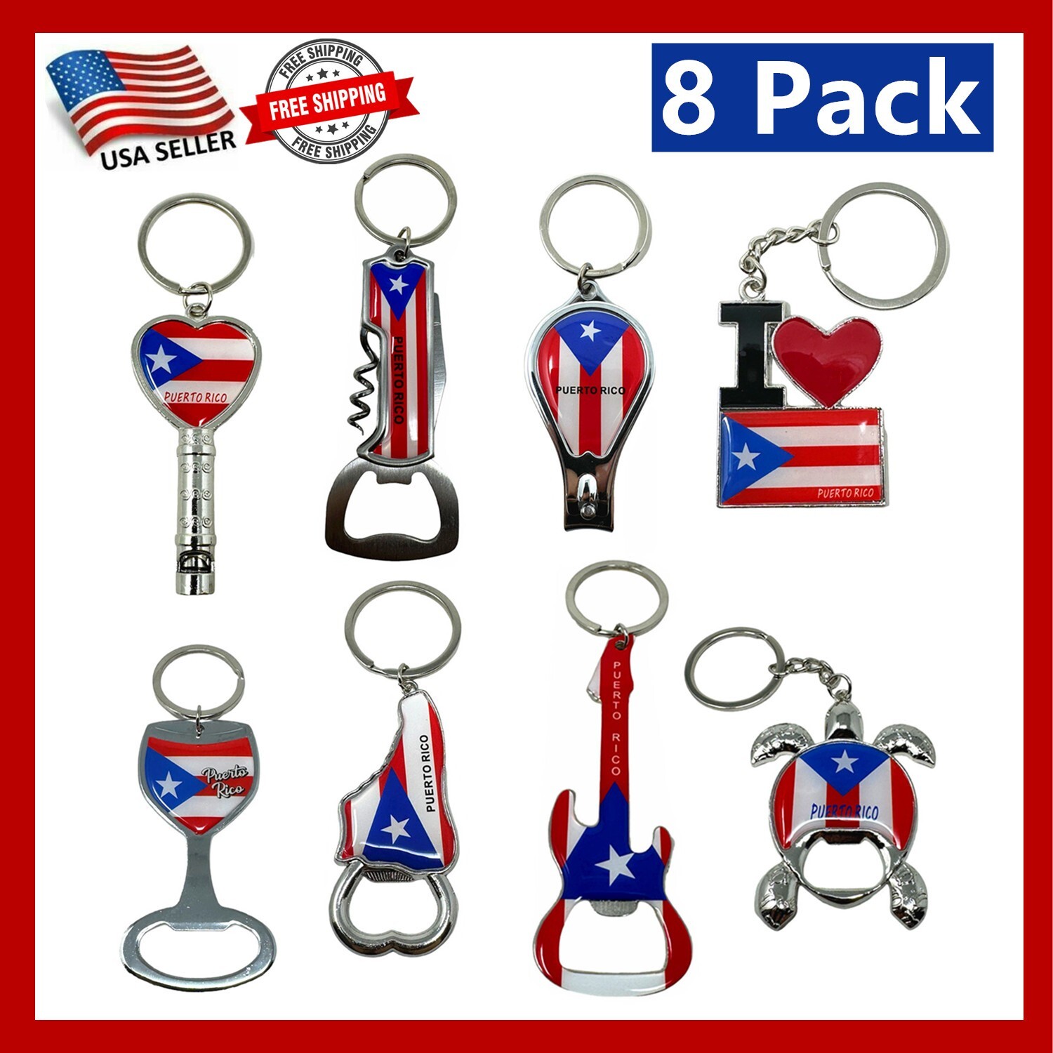 8 Pack of Puerto Rico Keychain Souvenir, Bottle Opener, PR Gift Bundle ...