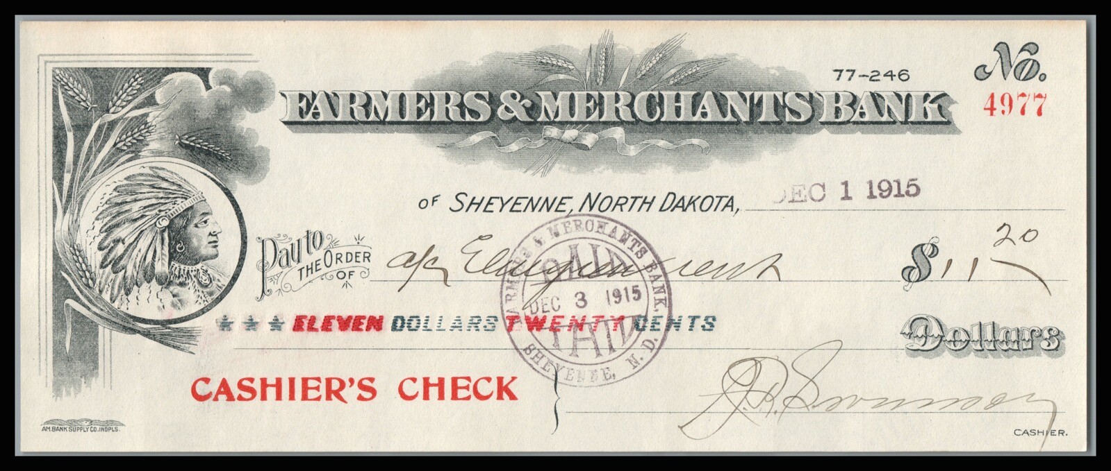 US Farmers & Merchants Bank SHEYENNE, N. Dakota 1915 Cashier's Check | eBay