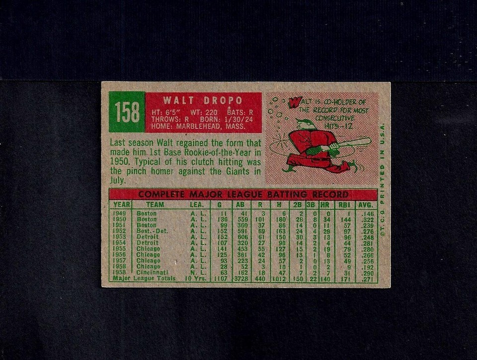 1959 TOPPS #158 WALT DROPO-3--REDS--NO CREASES--EX/MT | eBay