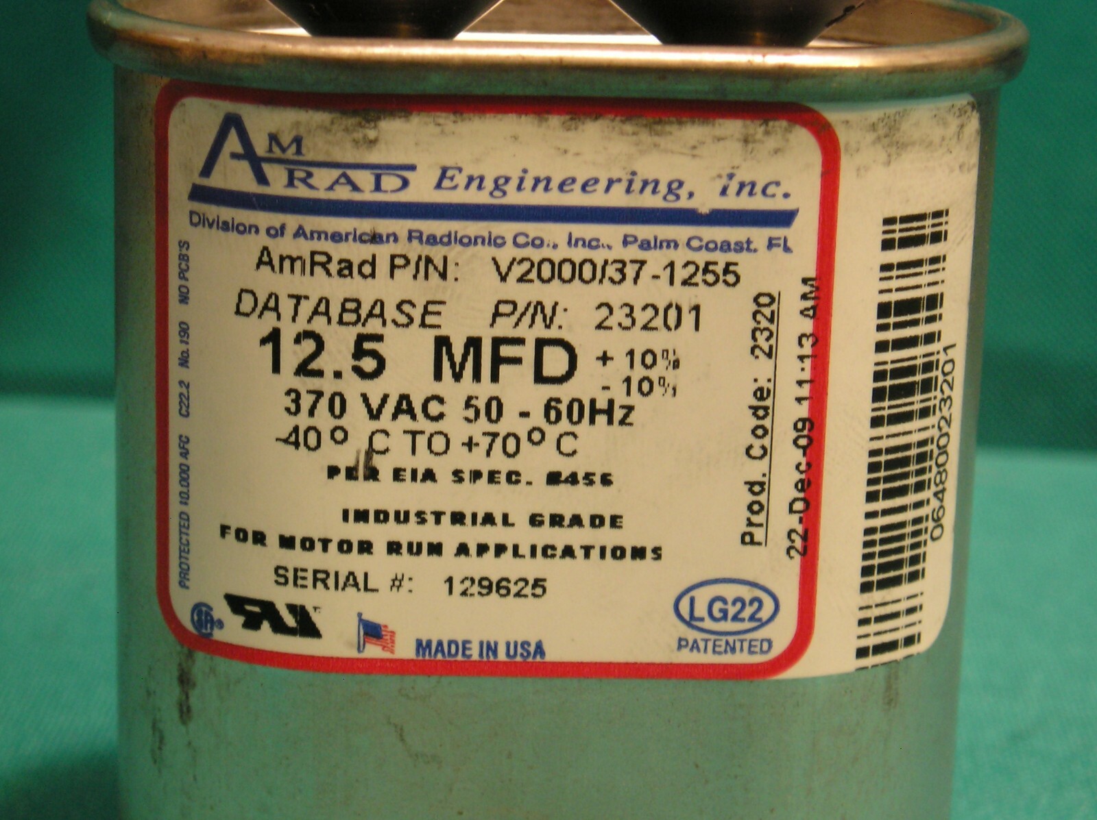 Amrad V2000/37-1255 Oval Capacitor, 12.5MFD ±10%, 370VAC 50-60Hz | eBay