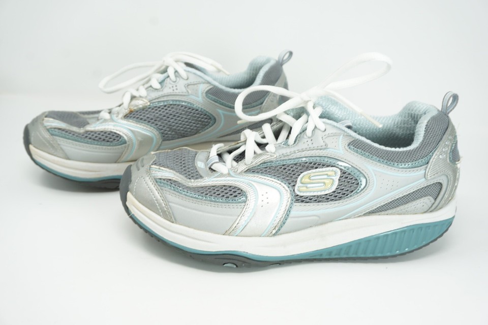 Skechers Shape Ups Womens White Blue Silver Walking Sneakers Shoes Size ...