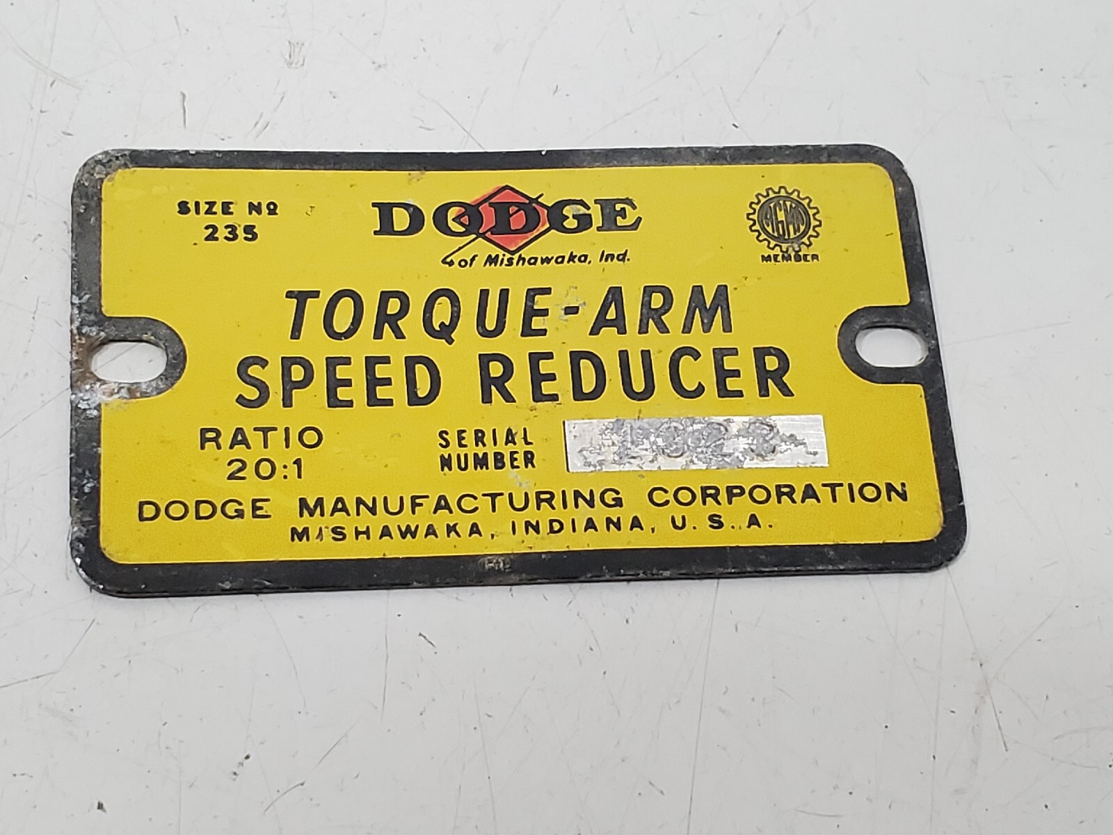 VINTAGE DODGE TORQUE- ARM SPEED REDUCER NO 235 EQUIPMENT TAG ONLY ...