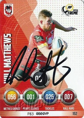 Signed 2016 ST GEORGE ILLAWARRA DRAGONS NRL Card WILL MATTHEWS Power ...