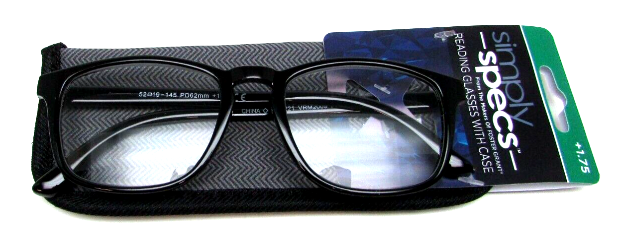 Simply Specs Reading Glasses with Case VRM2009 PH BLK 52/19-145 +1.75 ...