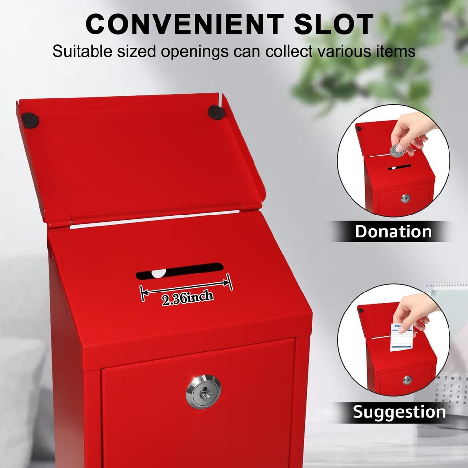 Metal Suggestion Box Donation with Slot Drop Lock and Key Red | eBay