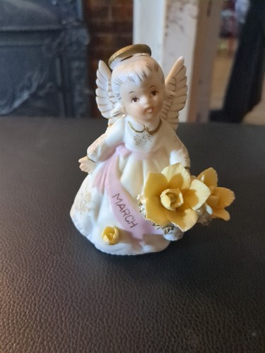 Vintage LEFTON Japan MARCH Birthday Angel Figurine Yellow Flowers #3332 ...
