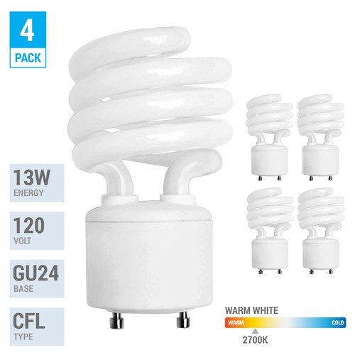 4 Pack Spiral CFL Fluorescent 13 Watt =60W Twist and Lock GU24 2700K ...
