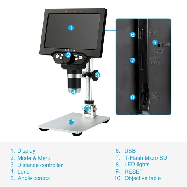 7 Inch LCD Digital USB Microscope Koolertron 12mp 1-1200x Magnification ...