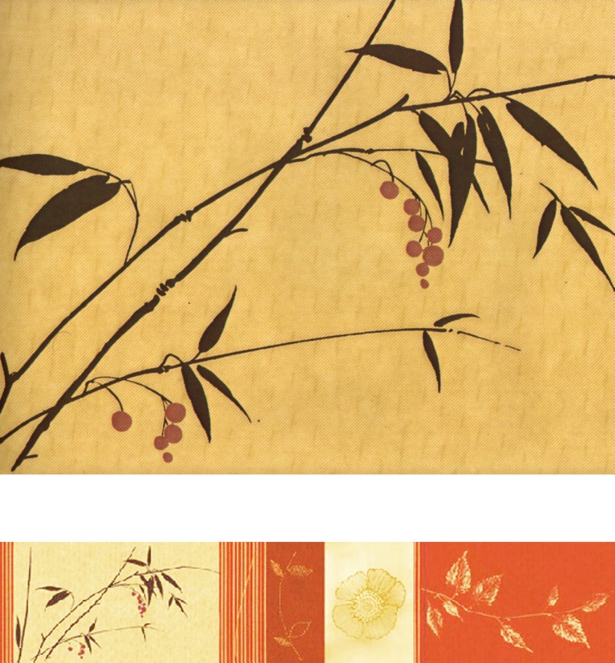 Oriental Zen Asian Bamboo Floral Leaf Orange Tan Brown Block Wall paper ...