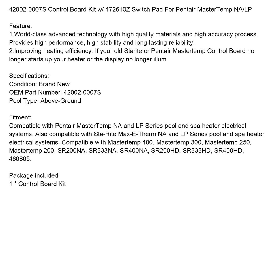 42002-0007S Control Board Kit 472610Z Switch Pad For Pentair MasterTemp ...