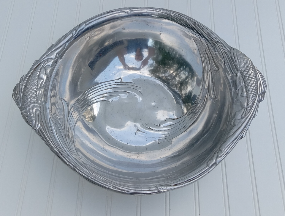 Hand Forged Metal Goldfish Serving Bowl Silver Hammered Koi Fish Large ...