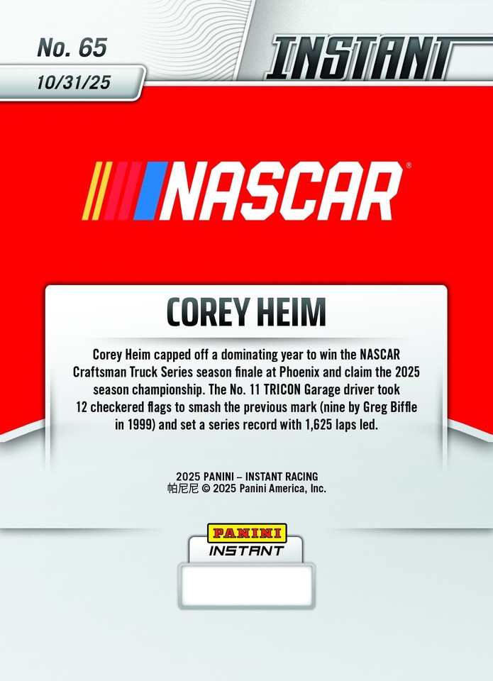 2025 Panini Instant NASCAR #65 Corey Heim Tricon Garage PRESALE | eBay