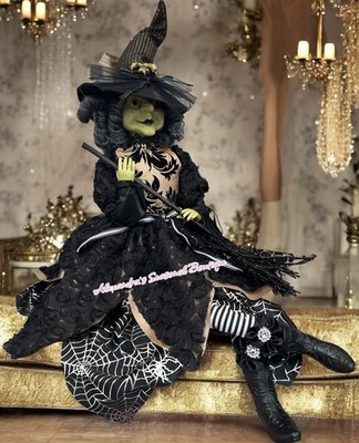 Green Face Halloween Witch Gold Dress W/ Glitter Broom Posable Shelf ...