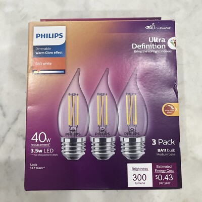 NEW 3-Pack Philips BA11 40W 300 Lumens Soft White Warm Glow Medium Base ...