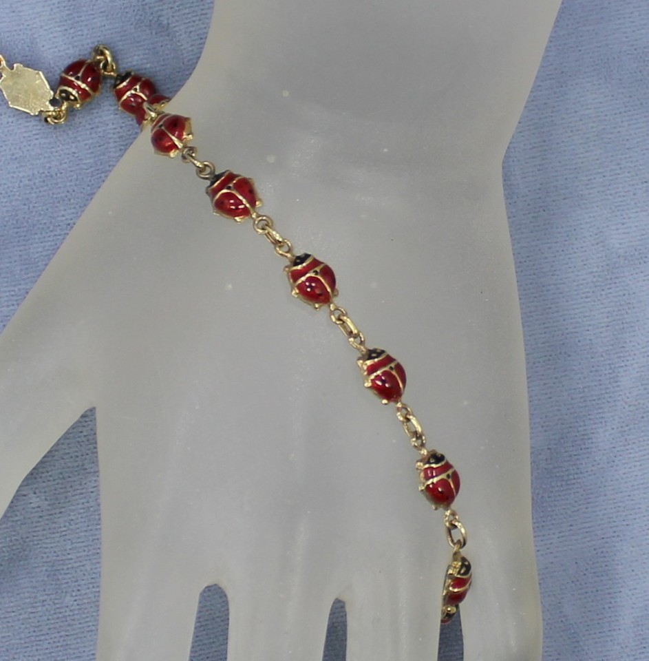 Vintage 10K Enameled Lady Bug Bracelet 2.9 Grams. Yellow Gold 7 1/4 ...