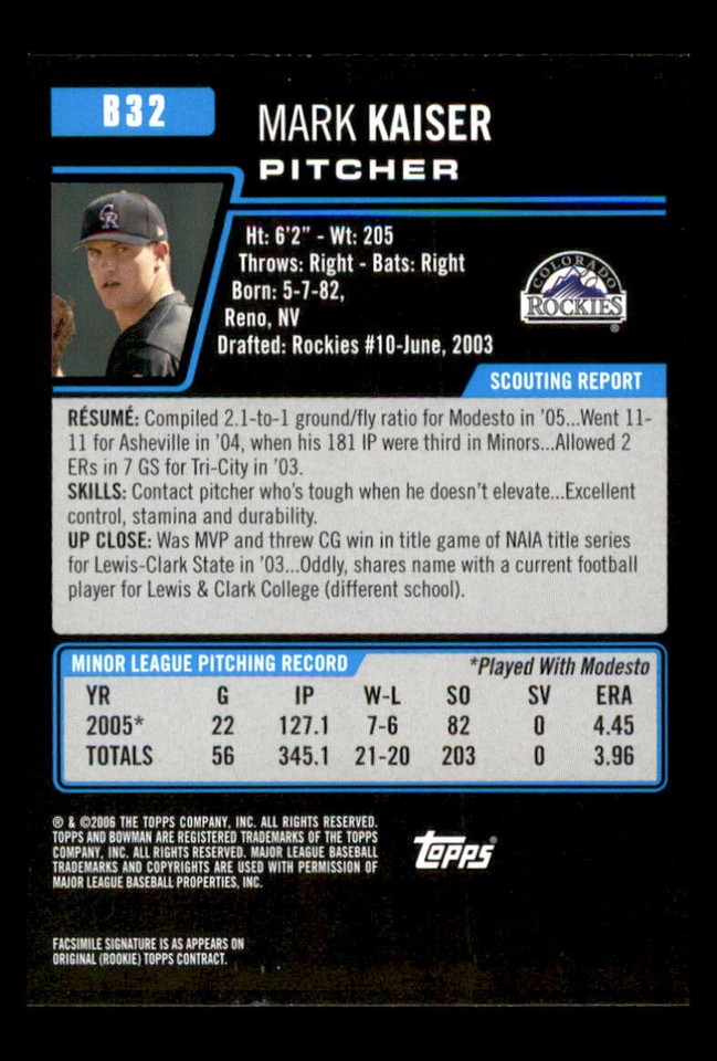 2006 Baseball Bowman Mark Kaiser Colorado Rockies #B32 Prospect | eBay