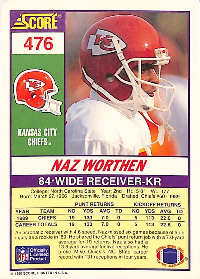 1990 Score Naz Worthen #476 Rookie Kansas City Chiefs | eBay
