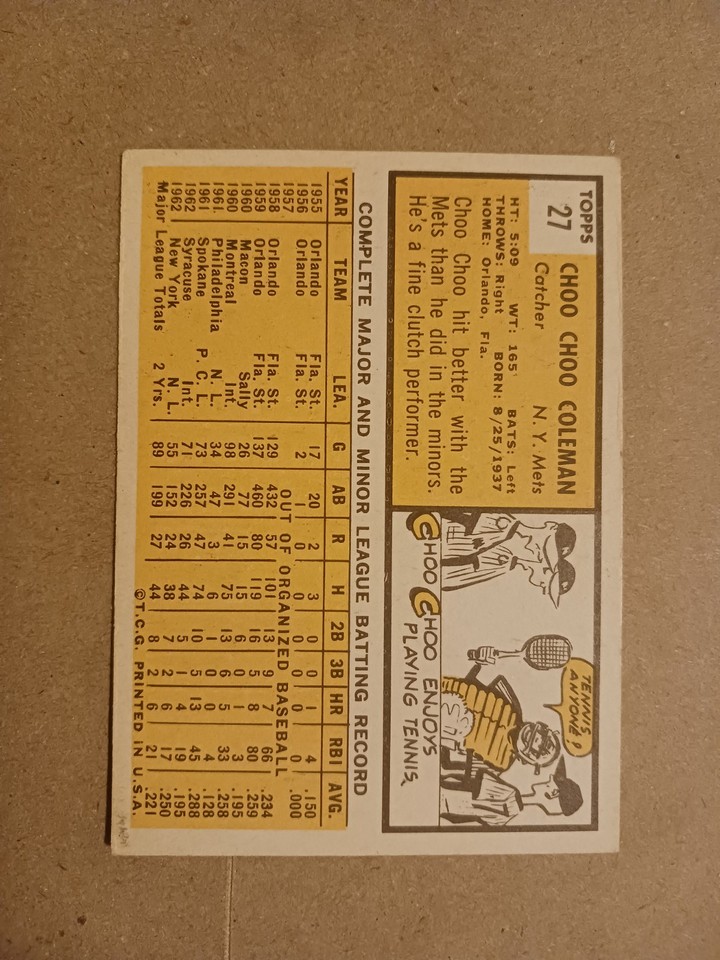1963 Topps Baseball Series One #27 Choo Choo Coleman New York Mets | eBay