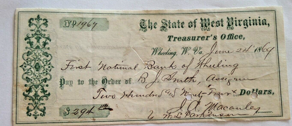 West Virginia check 1869 B. J. Smith General School Fund | eBay