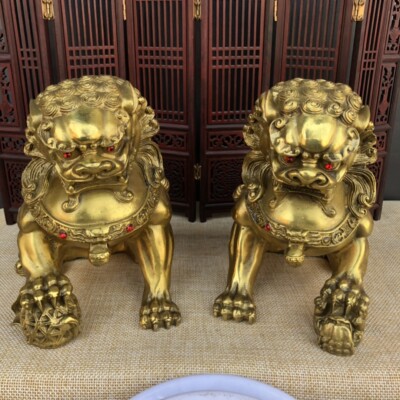 Noble Fengshui golden Brass Pair Foo Fu Dog guardian Palace lion big ...