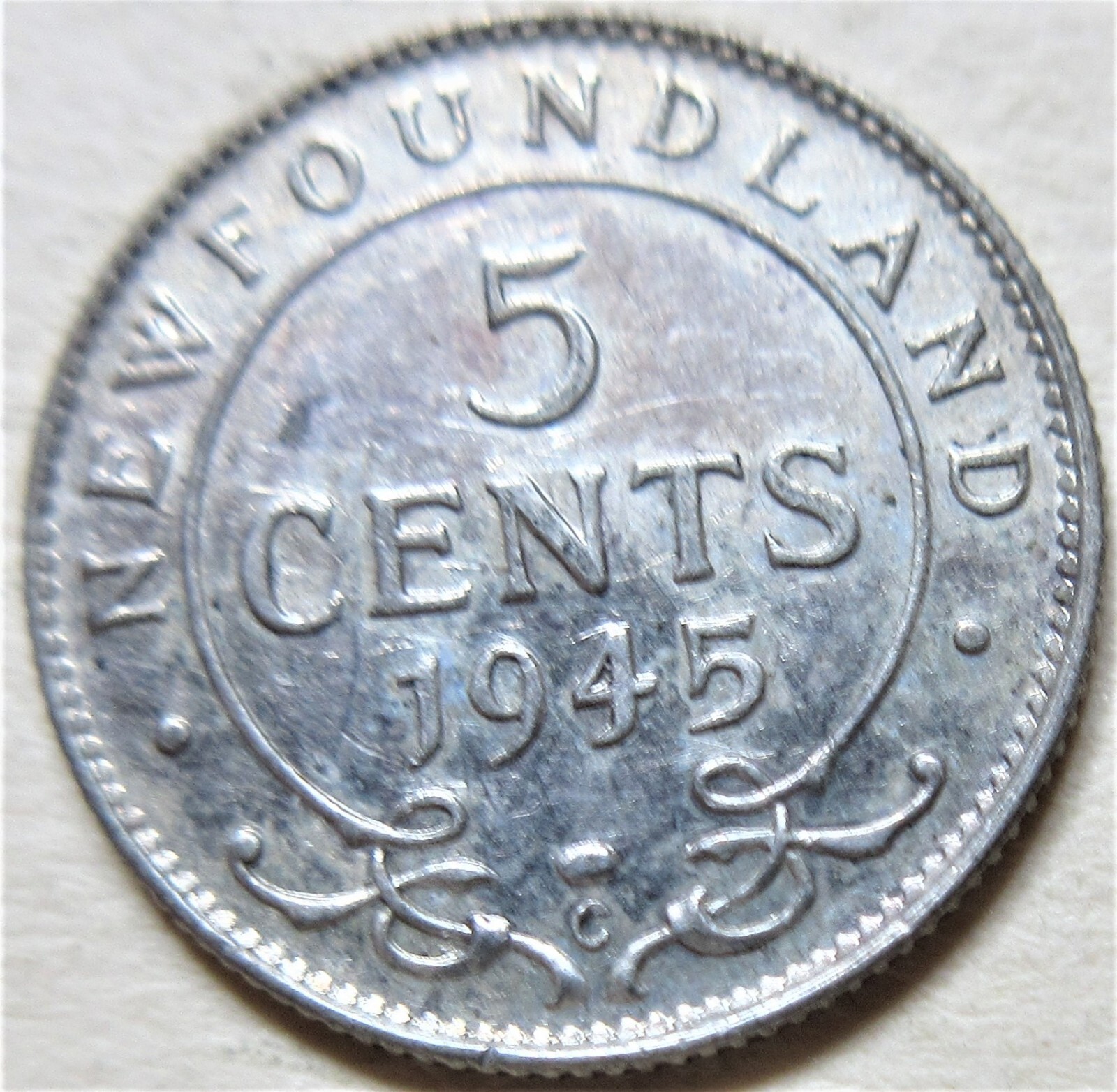 1945 Canada Newfoundland SILVER Five Cents Coin Nickel 5 Cents 5c (FR ...