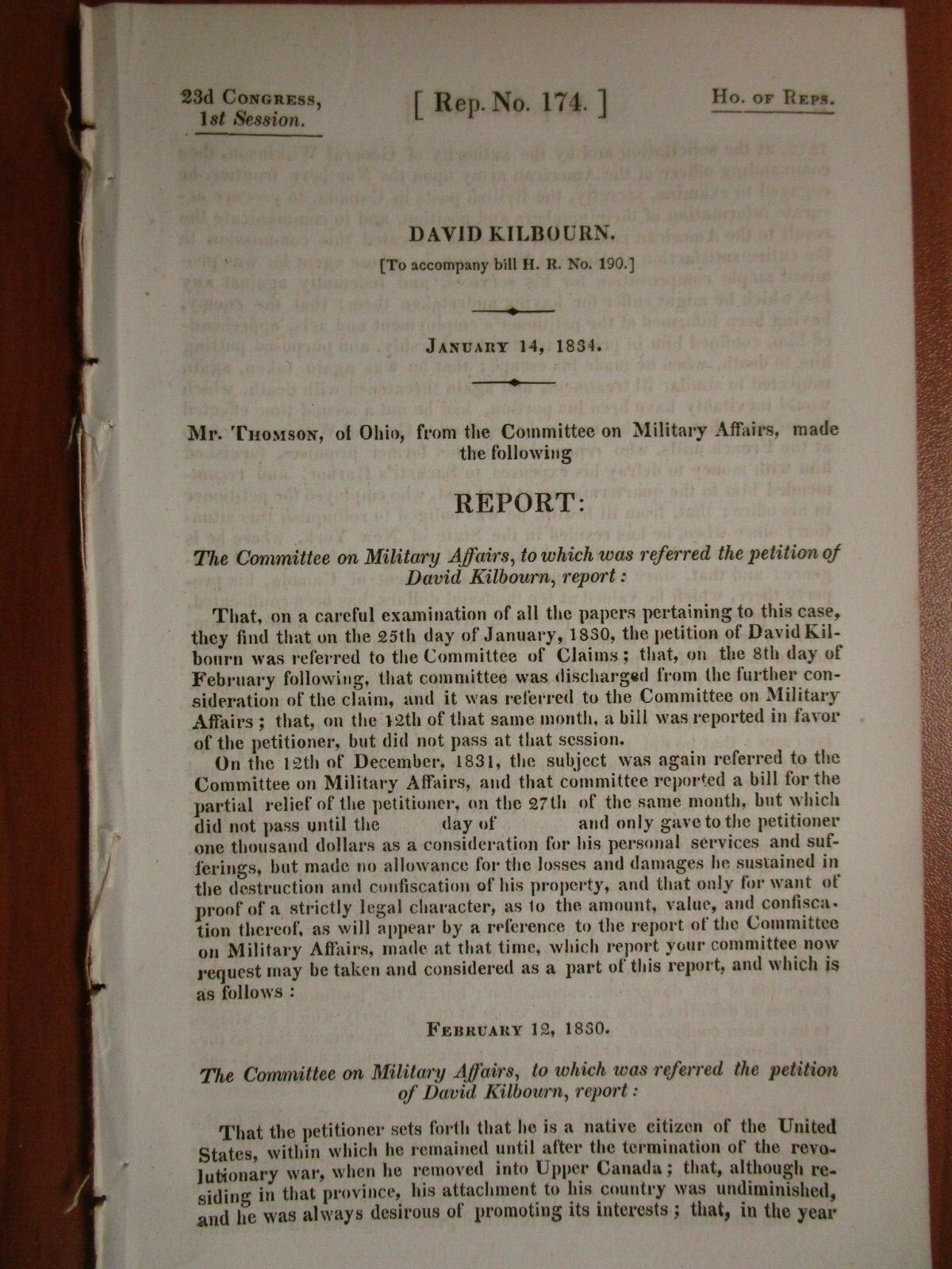Government Report 1/14/1834 US Military Canada Late War Farm David ...