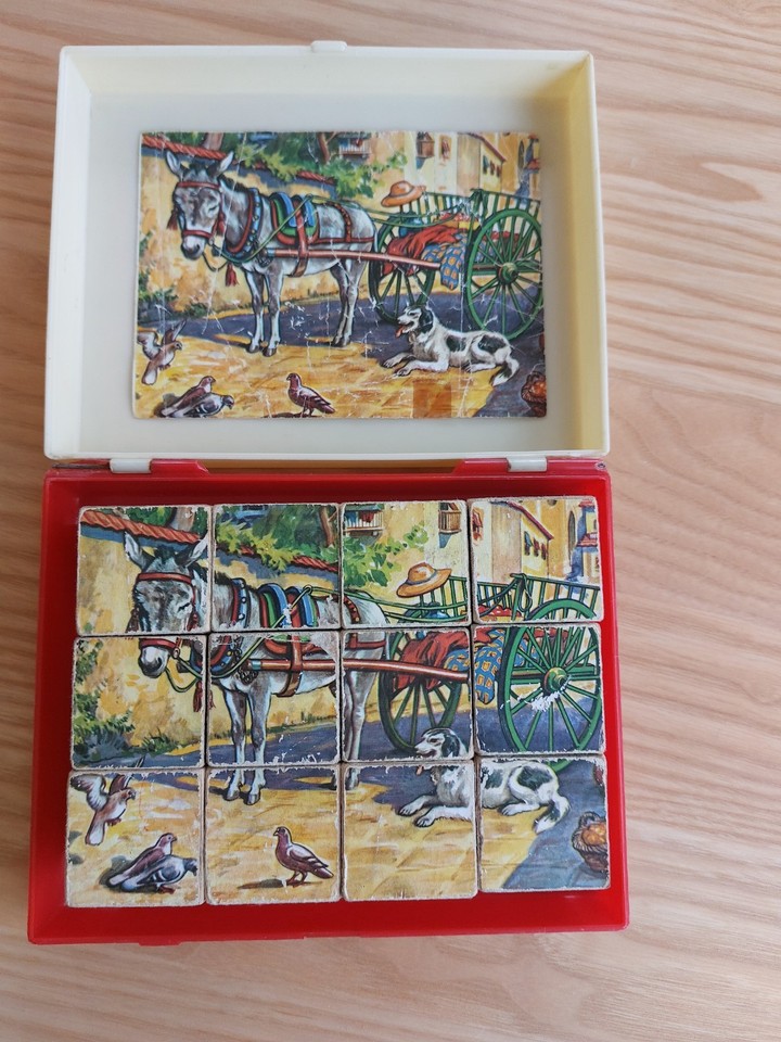 Children's Vintage Wooden Cube Picture Blocks Puzzle Farmyard ...