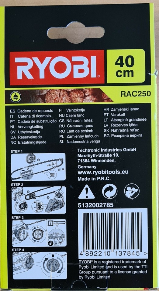 Ryobi Chainsaw Chain, Replacement Chain 40cm Long, RAC 250 for RCS2340 ...