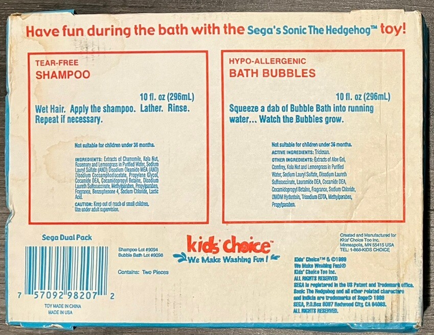 Vintage Sega Sonic The Hedgehog Set Bath Bubbles Shampoo Video Game ...
