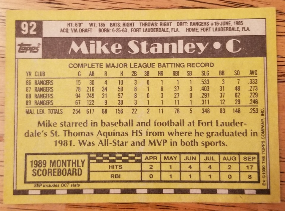Mike Stanley Texas Rangers 1990 Topps Baseball Card #92 MT | eBay
