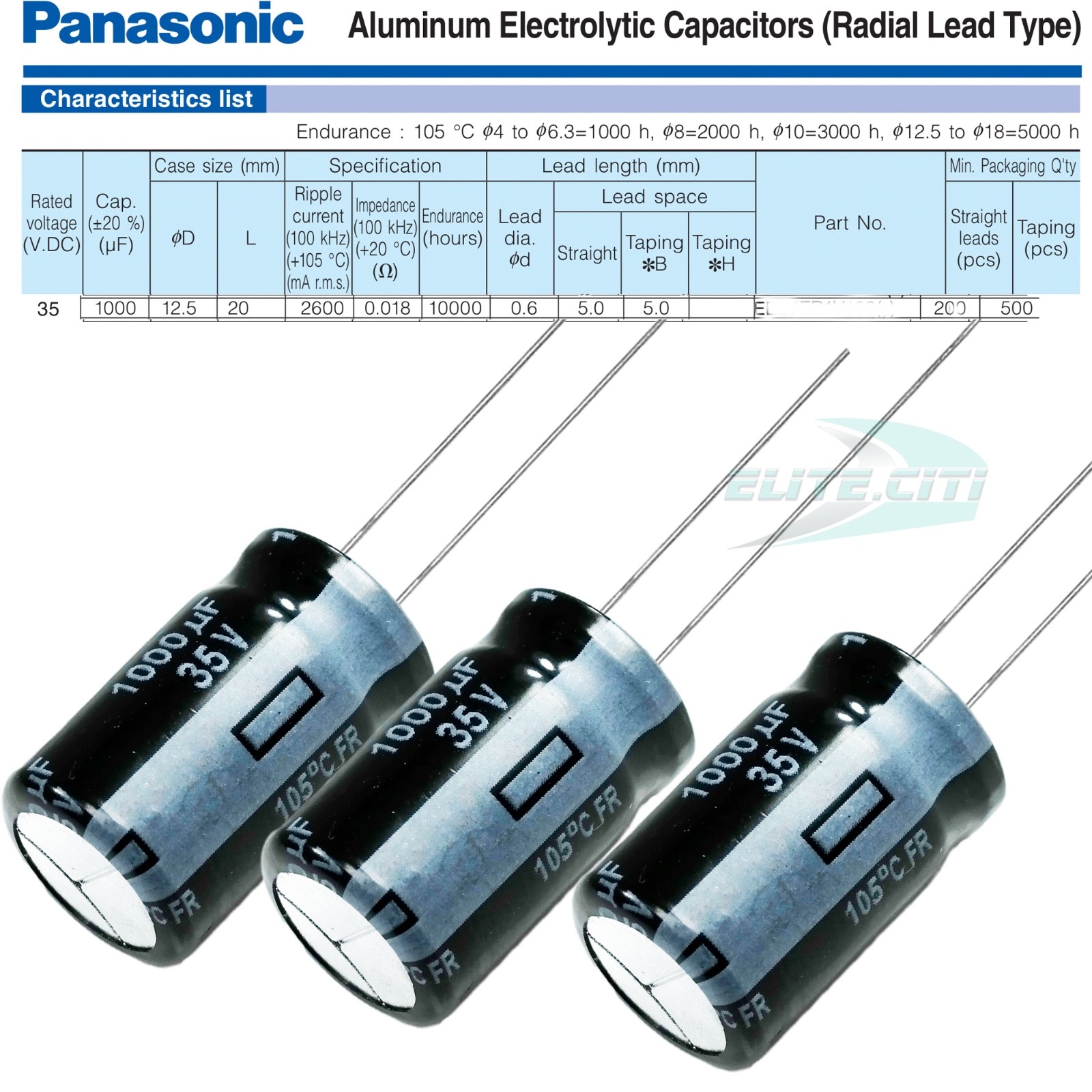 3PK* Panasonic FR Series 1000uf 35V - Electrolytic Radial Capacitors 12 ...