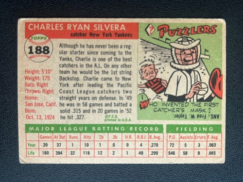 1955 Topps #188 Charlie Silvera Card New York Yankees. Crease | eBay