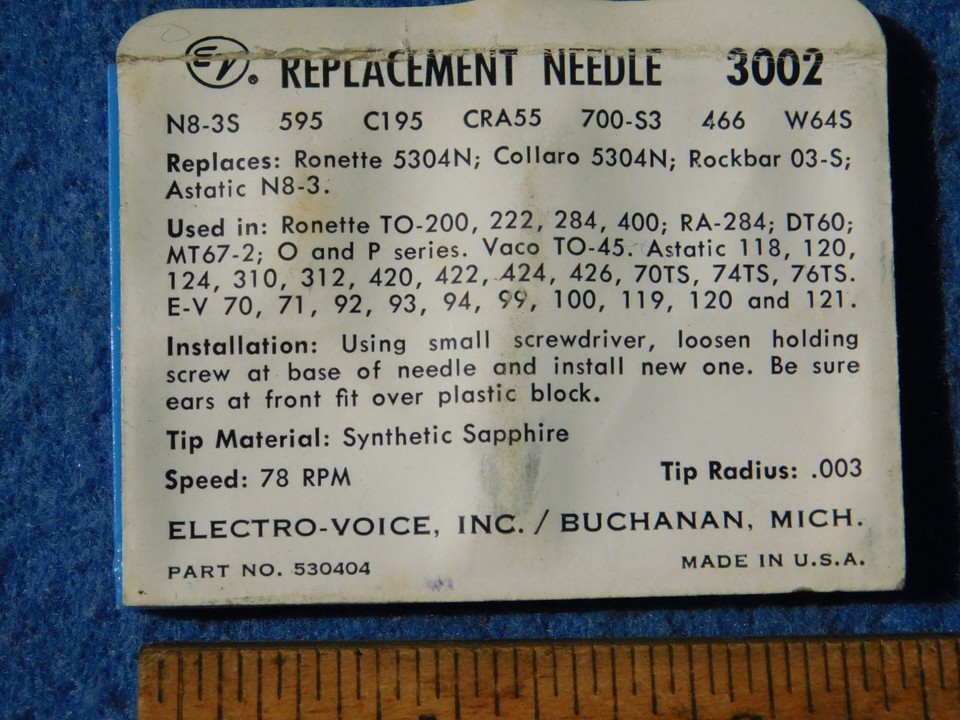 Electro-Voice 3002 Ronette 5304N Astatic N8-3 needle 78 rpm Sapphire | eBay