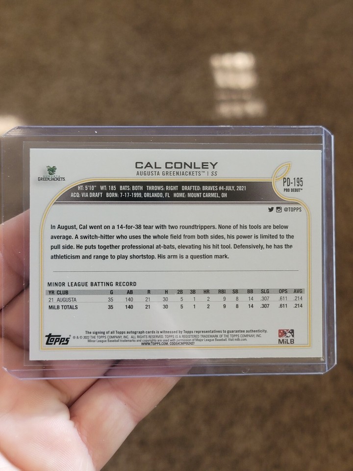 Cal Conley 2022 Topps Pro Debut Autograph BRAVES TOP PROSPECT | eBay