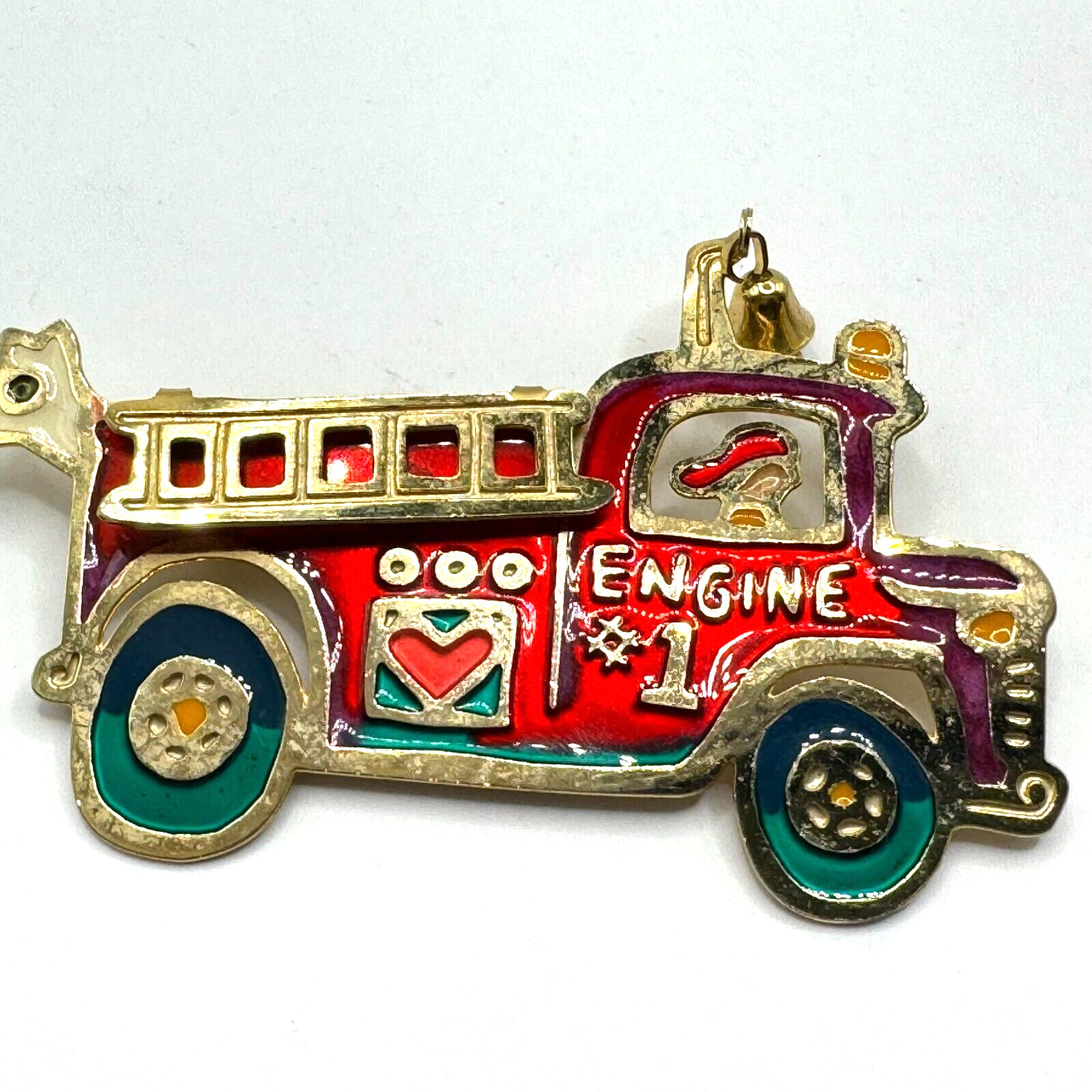 TWO HANDS Fire Truck Moving Bell Enamel Gold Tone Dog… - Gem