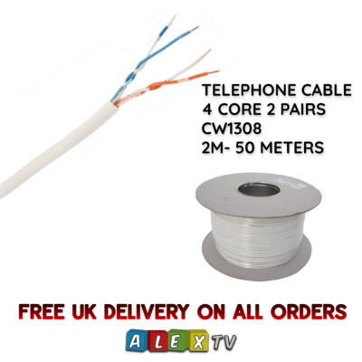 Telephone Cable Wire Internal 4 Core 2 Pair 0.5mm CW1308 White Solid ...