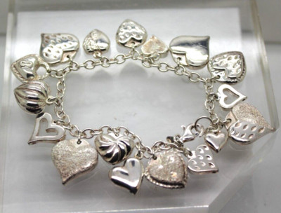 JACMEL MAURITIUS .925 Sterling Silver PUFFY LOVE HEARTS CHARMS BRACELET ...