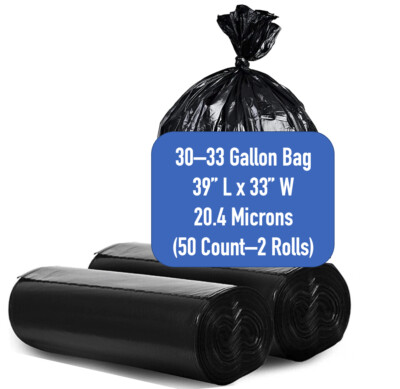 30 - 33 Gallon Trash Bags -50 Black Garbage Bags 20.4 Microns Thick (50 ...