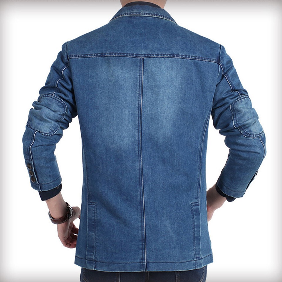 Men Denim Notch Neck Suit Jacket Single Breasted Slim Pocket Blazer ...