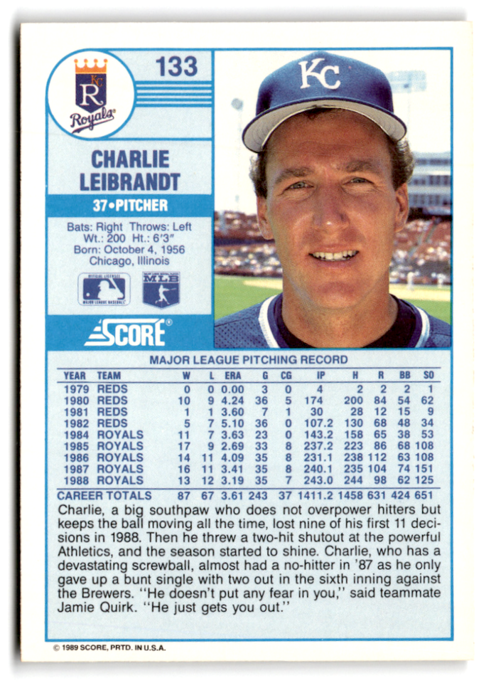1989 Score #133 Charlie Leibrandt EX/NM Royals ID:66759 | eBay