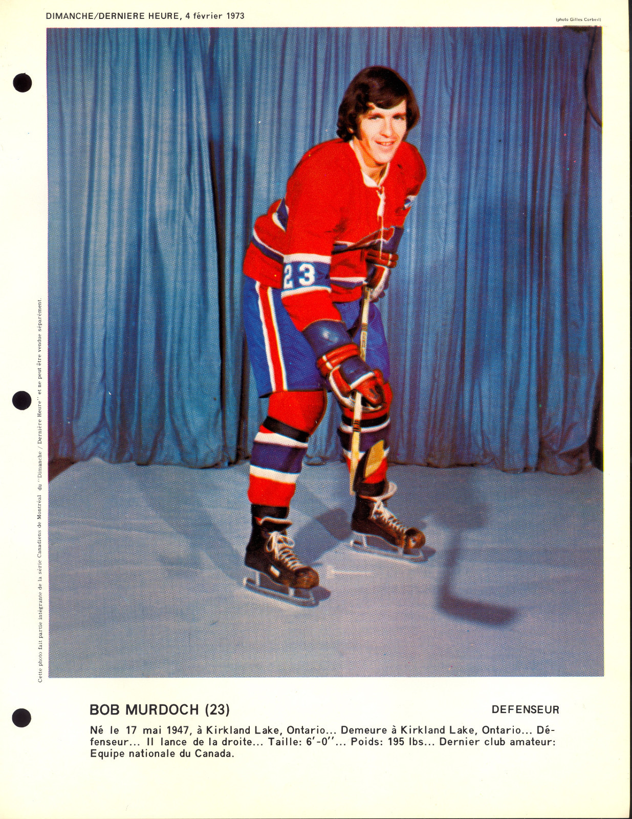 1973 Bob Murdoch RC year MONTREAL CANADIENS EX-NM DIMANCHE DERNIERE ...