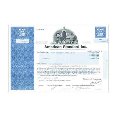 American Standard Inc. Stock Certificate //101+ Shares // Blue // 1960s ...
