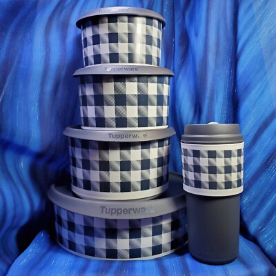 Tupperware Buffalo Plaid Black And White Complete 5 Pc Set NEW | eBay