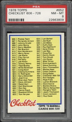 1978 Topps Baseball Checklist 606-726 #652 PSA 8 NM-MT | eBay