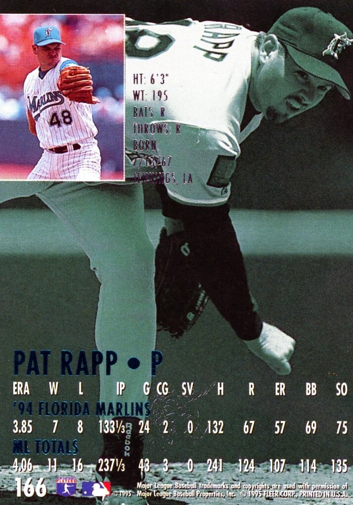 1995 Ultra Gold Medallion Florida Marlins Baseball Card #166 Pat Rapp ...