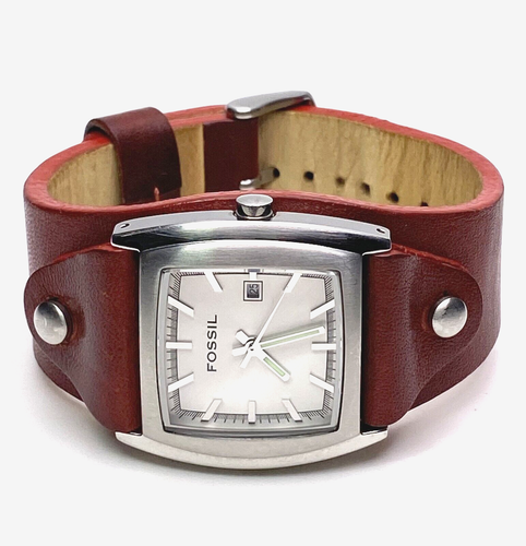 FOSSIL JR8134 RETRO ALL STEEL DEEP RED WIDE LEATHER BAND DATE UNISEX ...